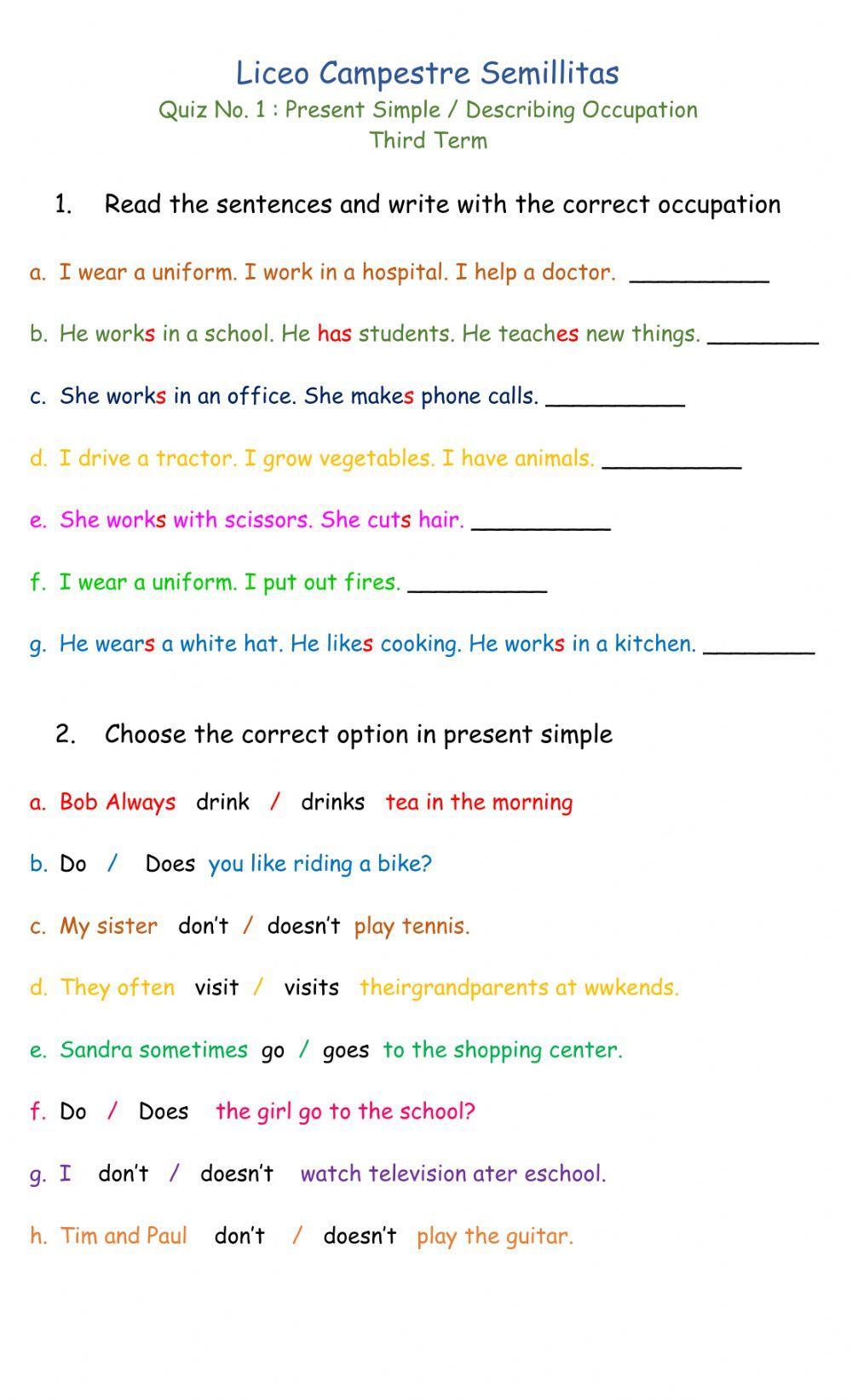 Quiz No.1 Present Simple - Describing Occupation worksheet | Live ...