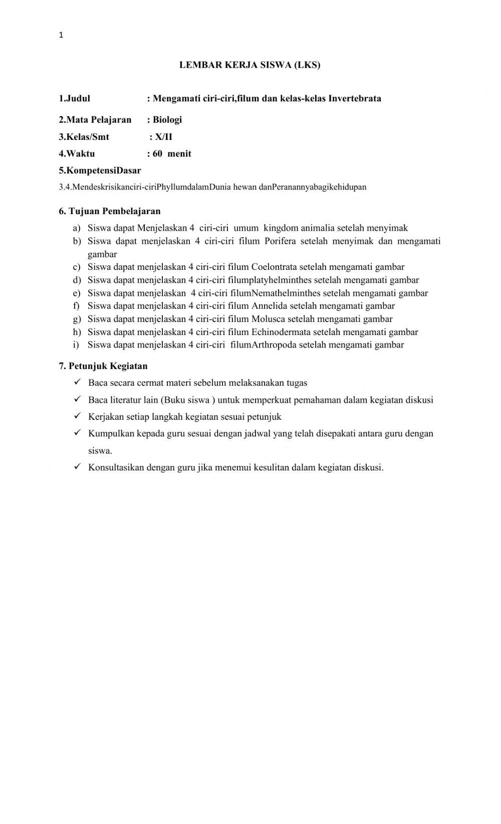 LKPD kingdom animalia worksheet | Live Worksheets