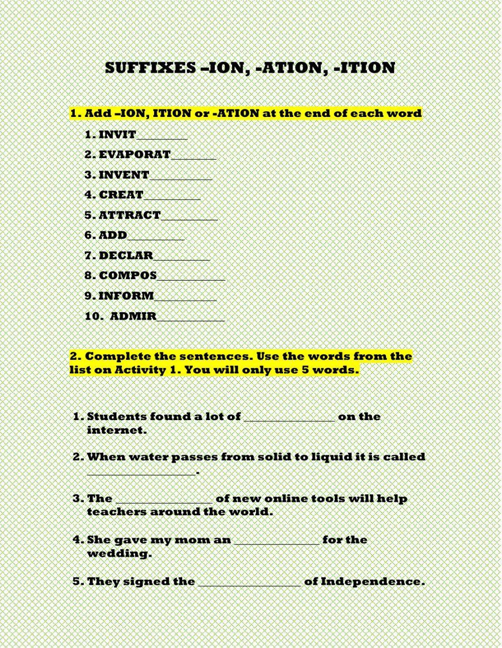 Suffixes ion, a… | Free Interactive Worksheets | 335684