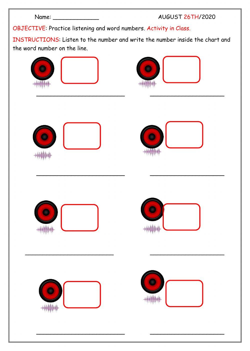 Listening words number worksheet | Live Worksheets