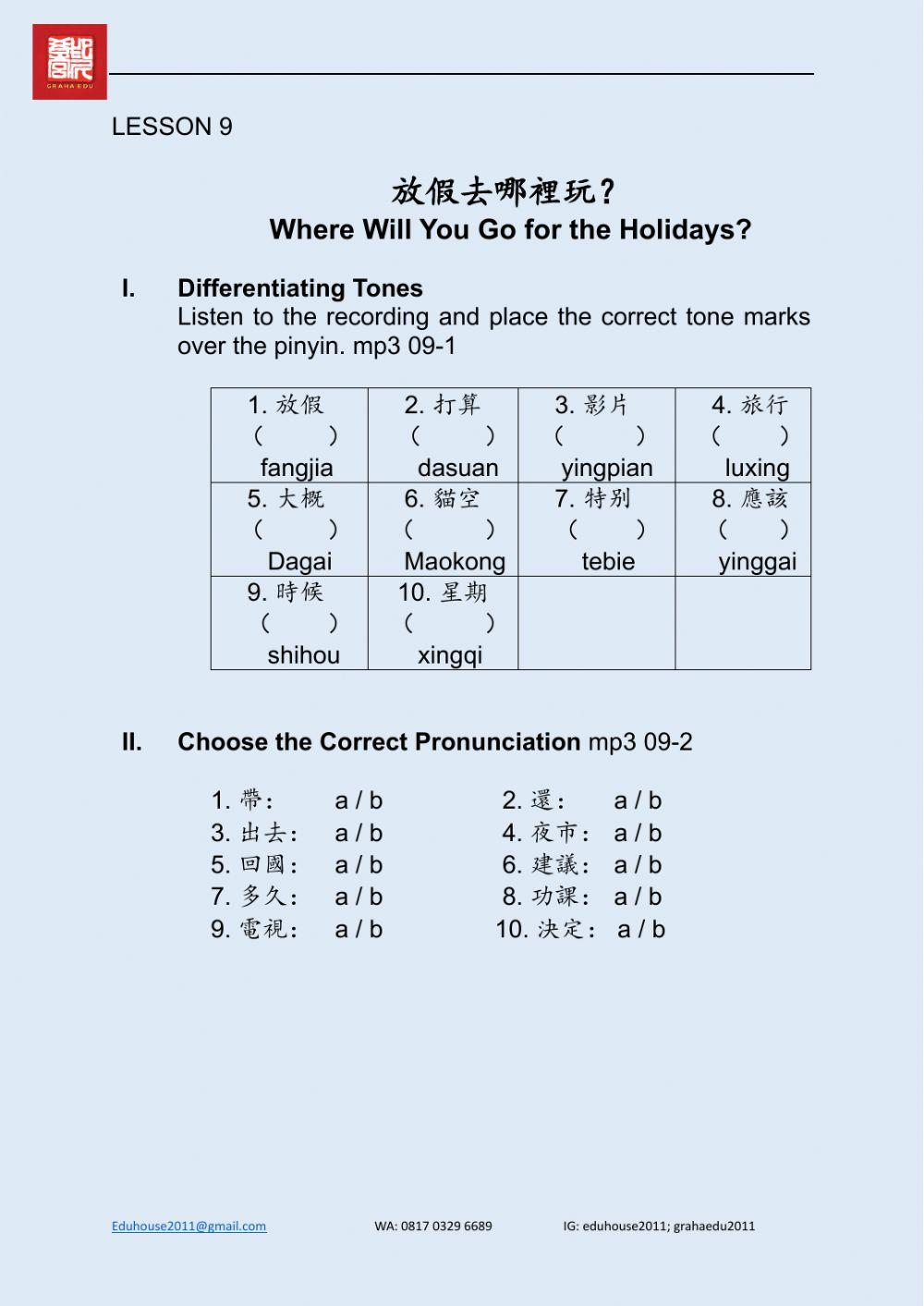 Traditional Mandarin Workbook 1 Unit 9 worksheet | Live Worksheets