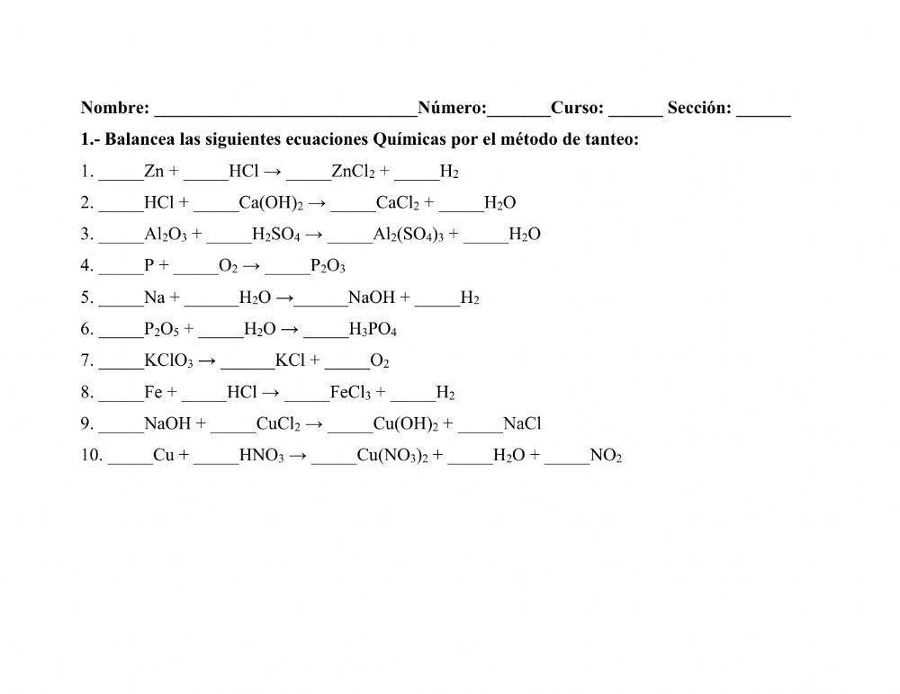 Hoja De Trabajo De Química: Respuestas De Ecuaciones De Equilibrio