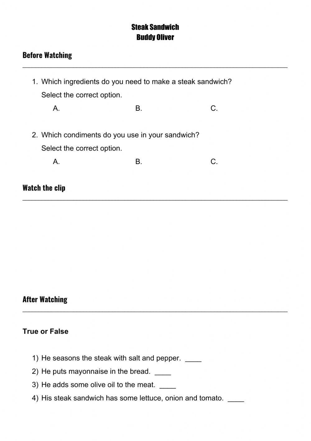 Food-Steak Sandwich Recipe worksheet | Live Worksheets