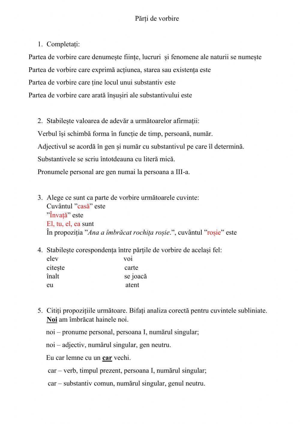 Parti de vorbire | Free Interactive Worksheets | 337798