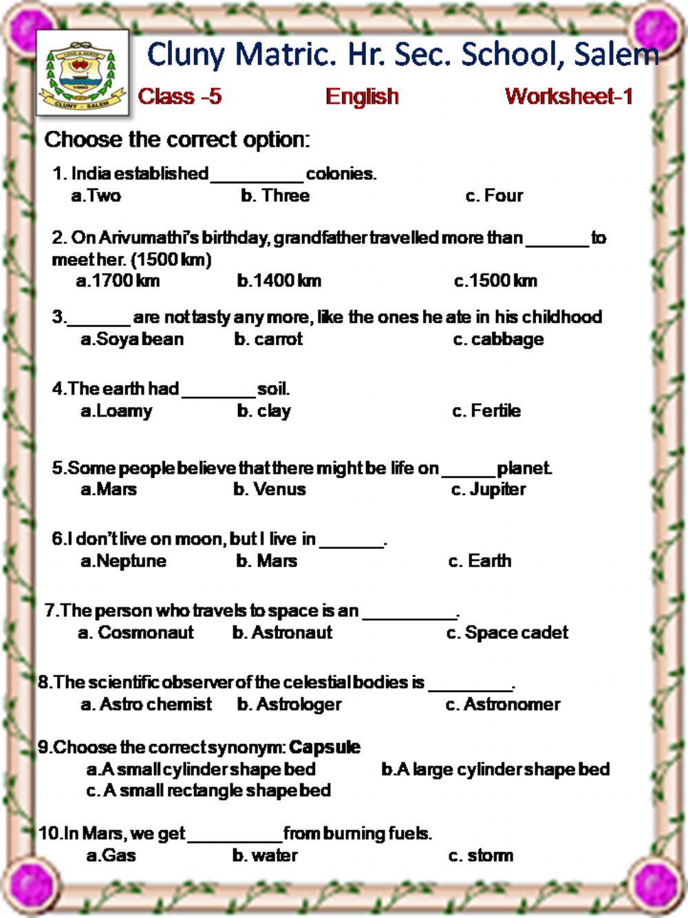 Class 5 English Worksheet-1 worksheet | Live Worksheets