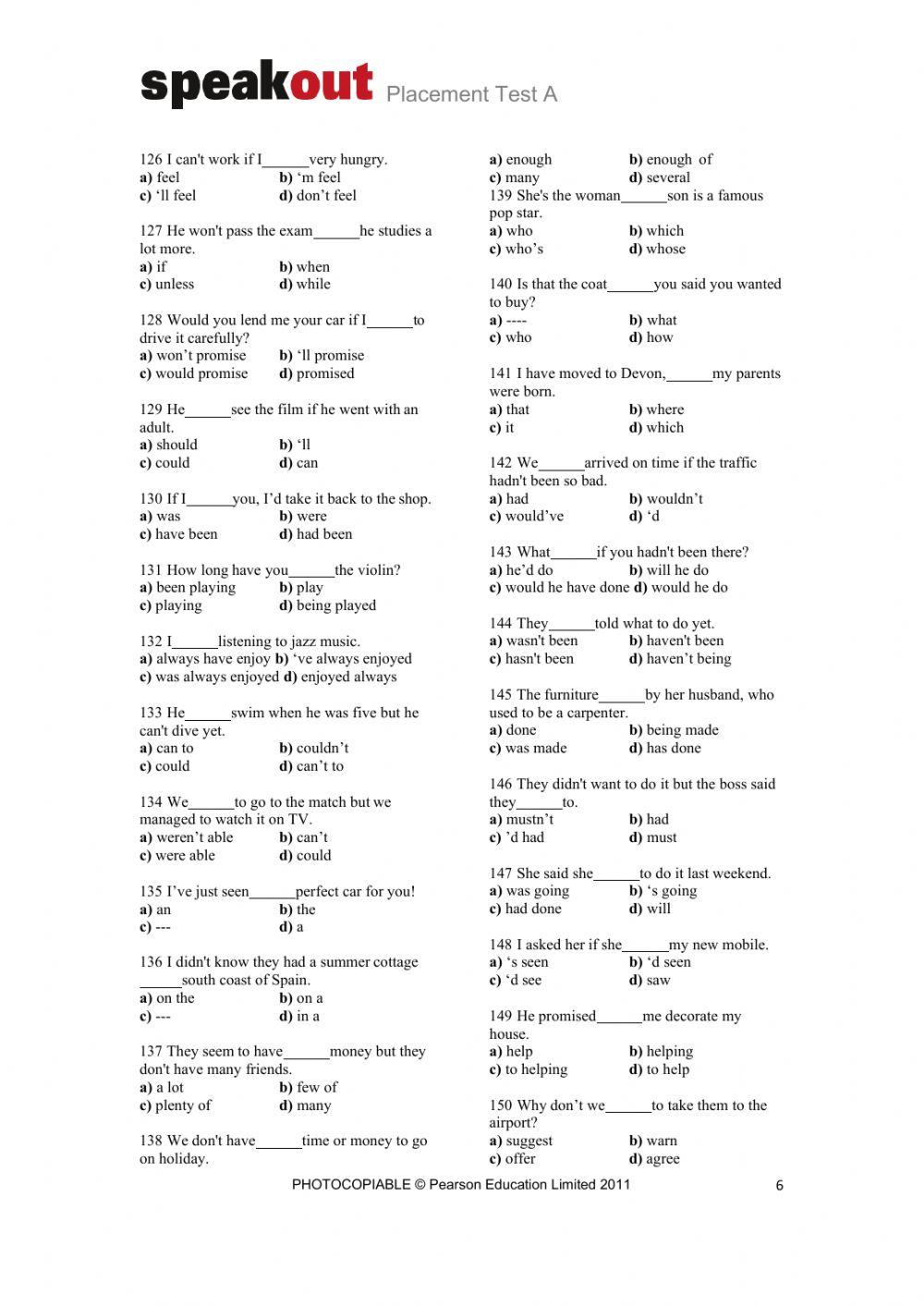 Placement test worksheet | Live Worksheets