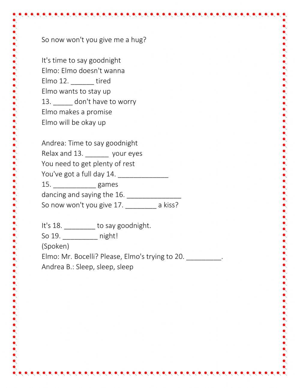 Song-Time to say good night - Elmo worksheet | Live Worksheets