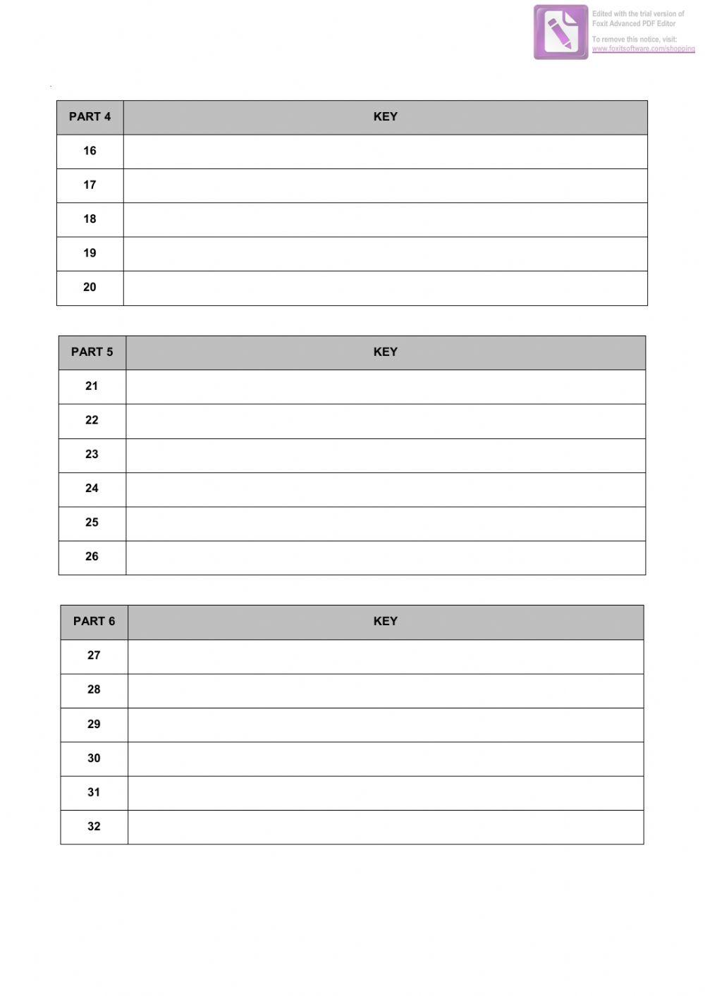 B1 Preliminary - Sample Reading Test - ANSWER SHEET online exercise for ...