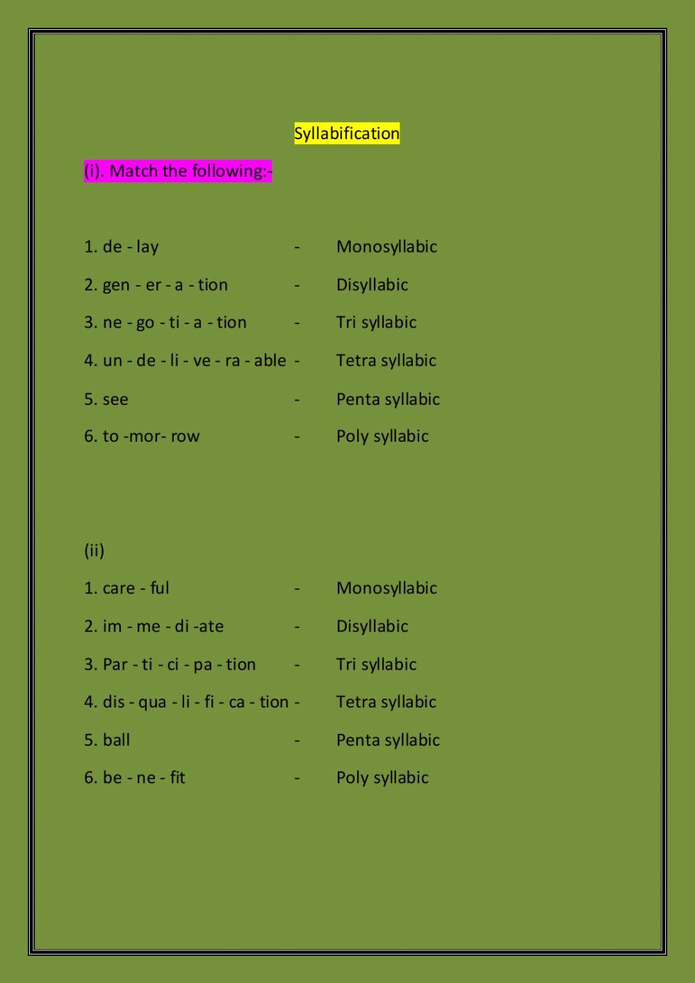 Sir Isaac Syllabification - Match the following worksheet | Live Worksheets