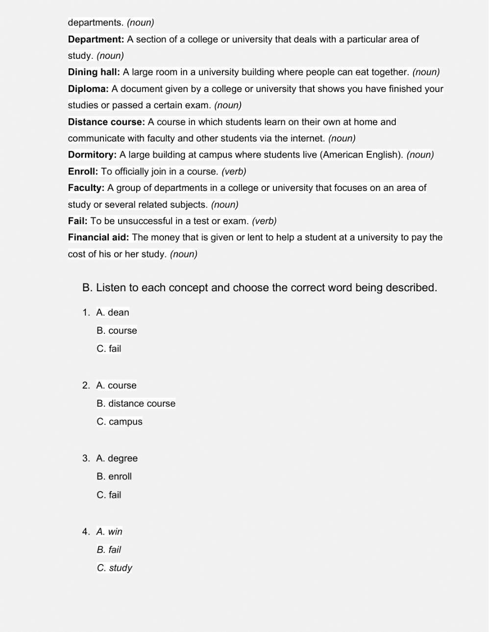 342603 | School life, vocabulary, concepts, college,