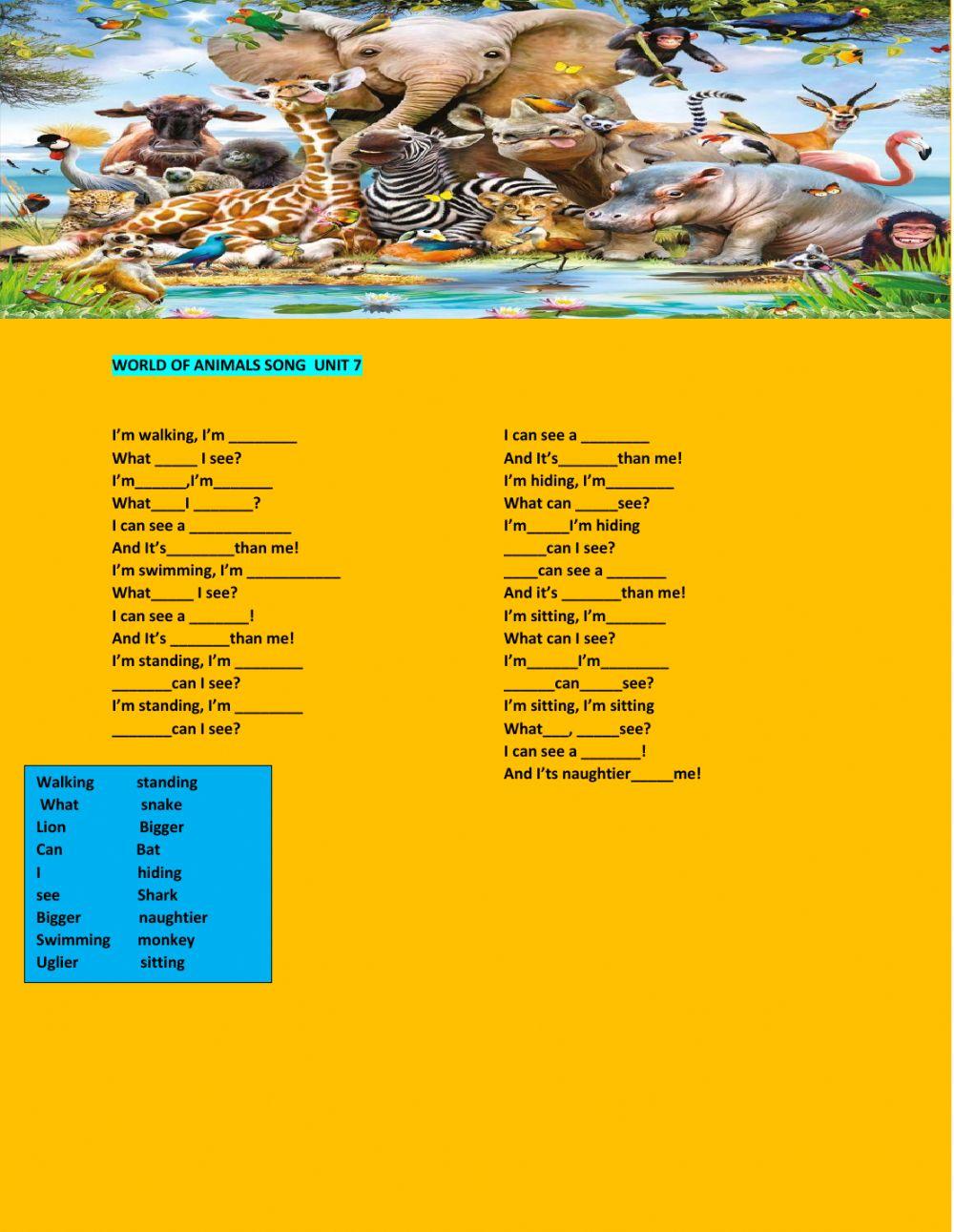 World of animals unit 7 song interactive worksheet | Live Worksheets