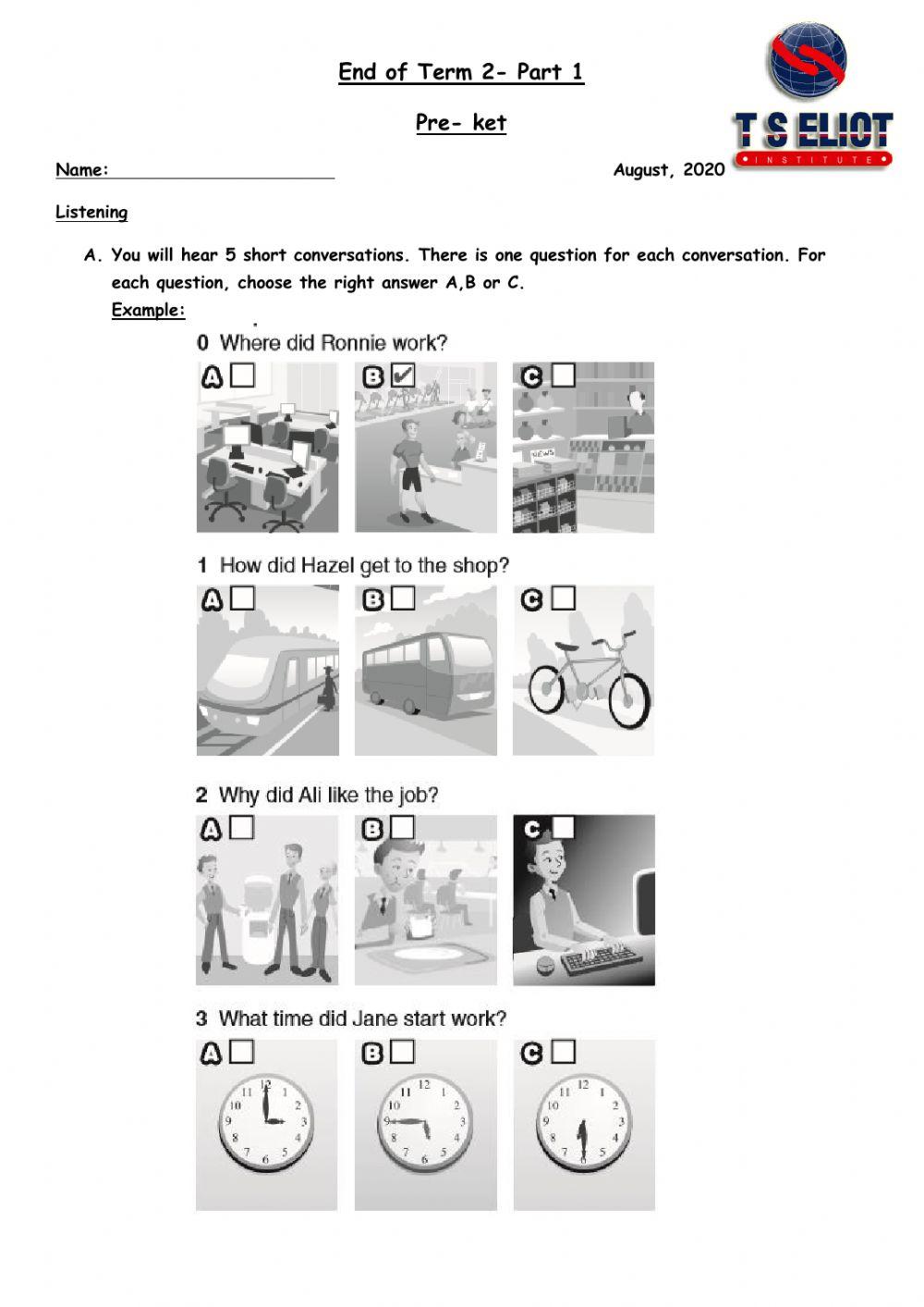 EOT 2 PRE KET PART 1 LISTENING online exercise for | Live Worksheets