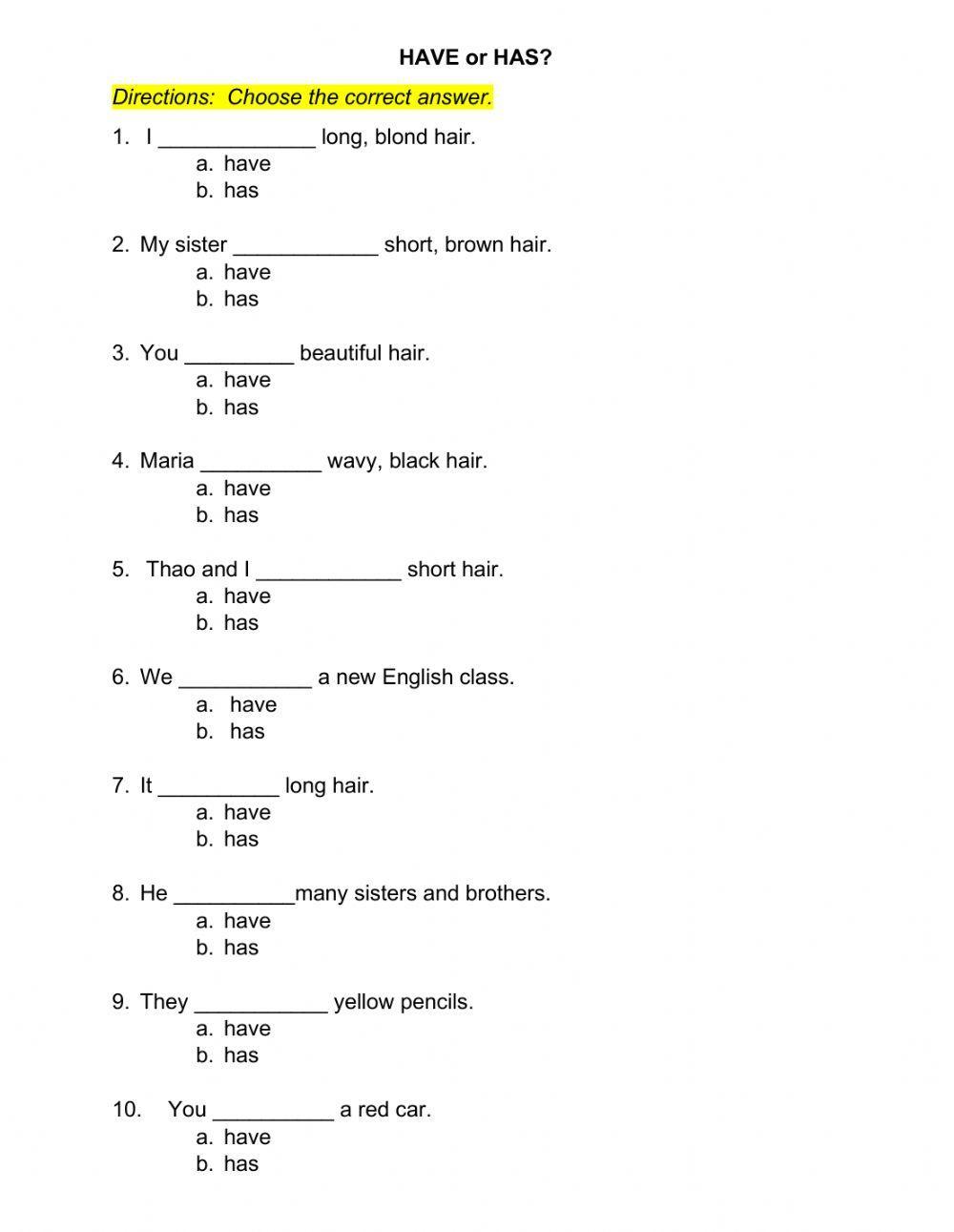 HAVE vs. HAS | Free Interactive Worksheets | 317856