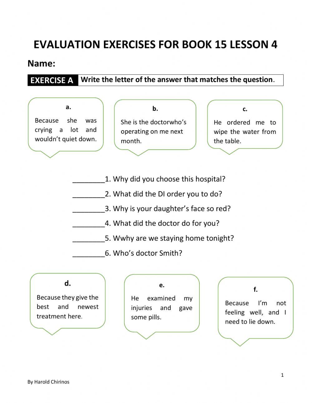 EVALUATION EXERCISES BOOK 15 LESSON 4 interactive worksheet | Live Worksheets