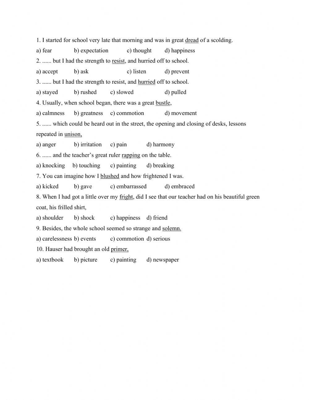 UNIT 6 The Last Lesson Synonyms worksheet | Live Worksheets