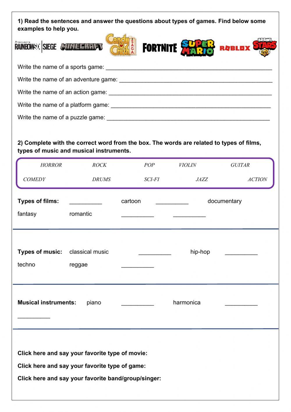 Types of games, types of films and musical instruments worksheet | Live ...