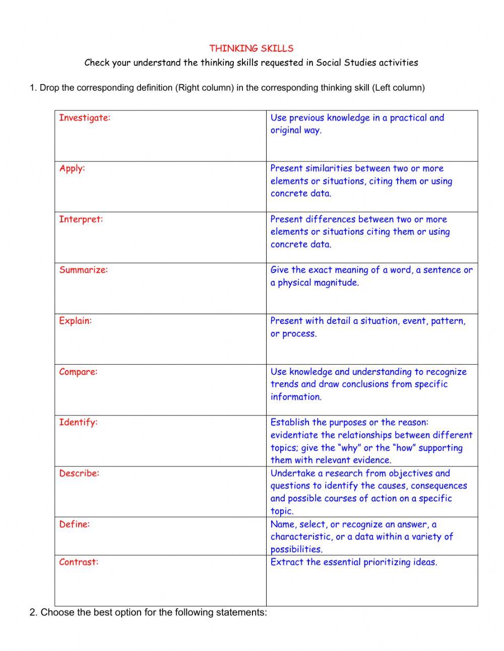 THINKING SKILLS online exercise for | Live Worksheets