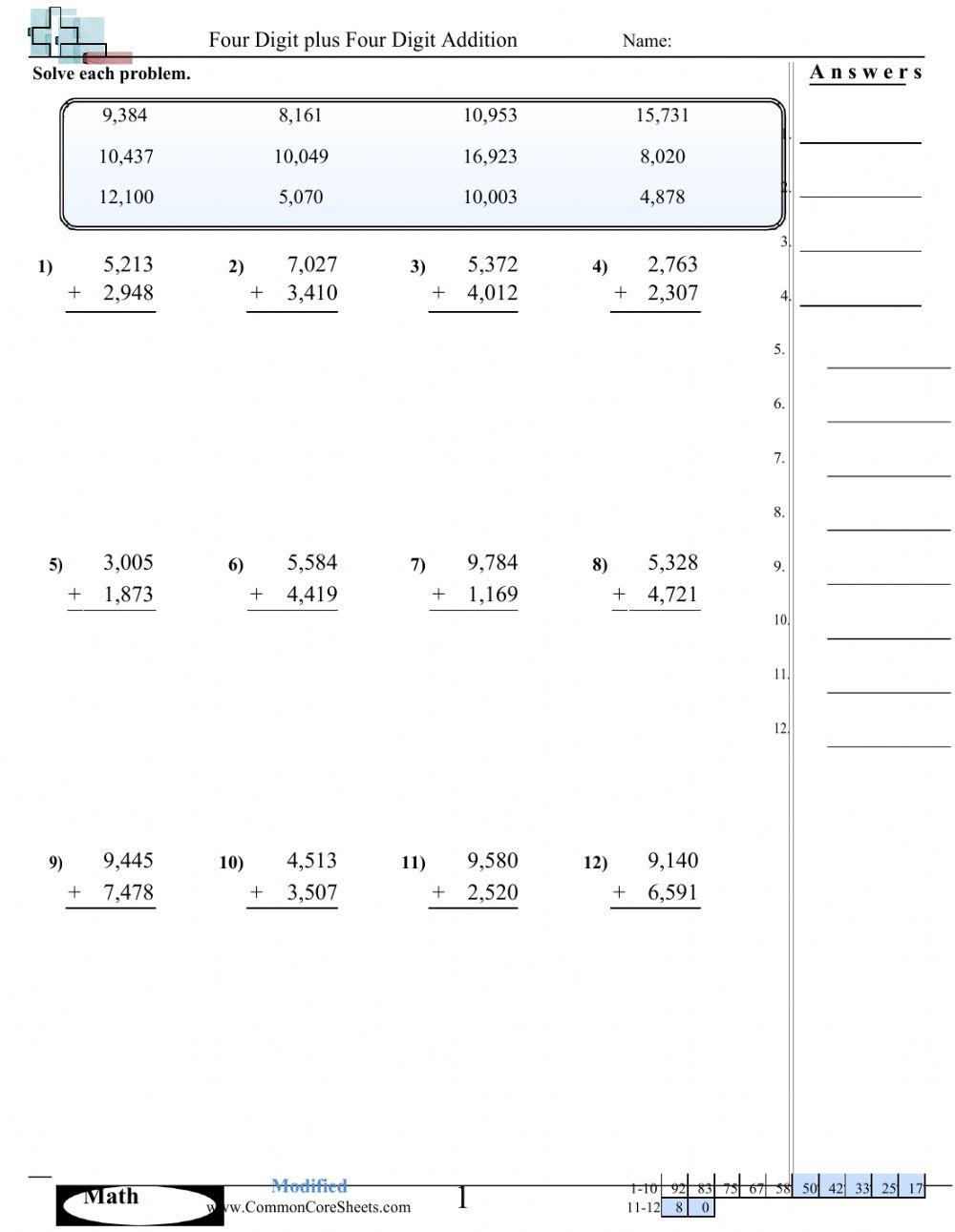 Four Digit plus Four Digit Addition 4.NBT.4 online exercise for | Live ...