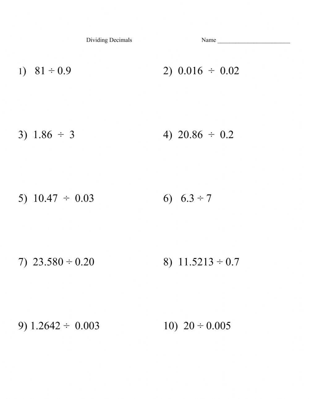 Dividing Decimals Worksheet Dividing Decimals Worksheet