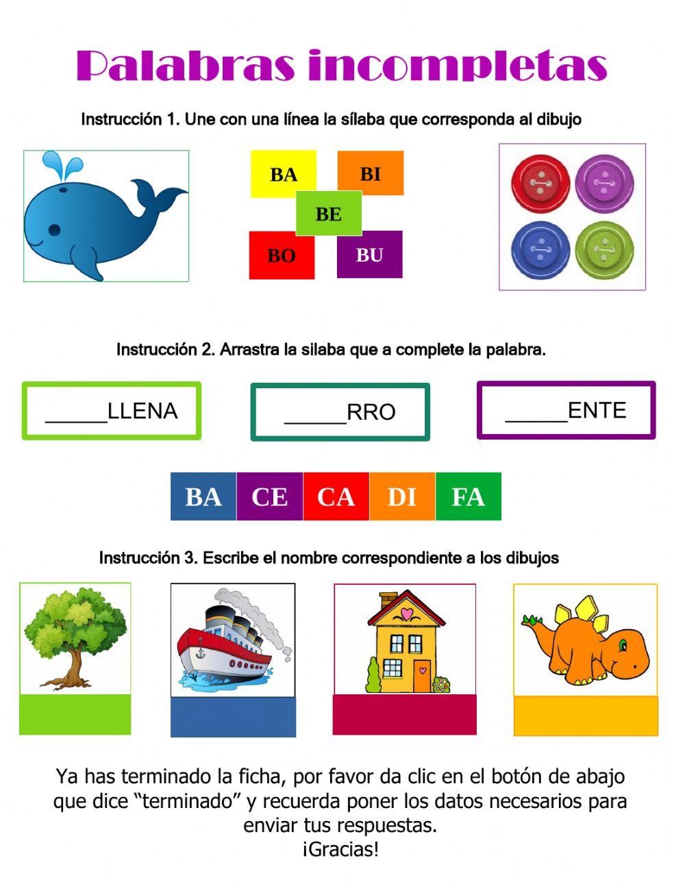 Palabras incompletas 1 worksheet | Live Worksheets