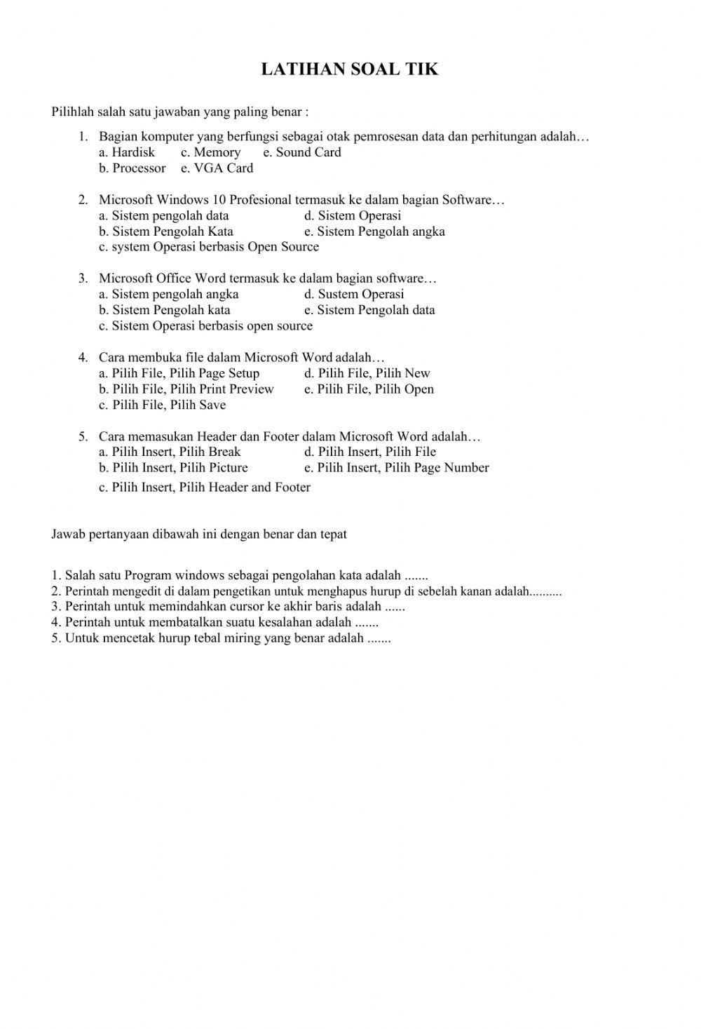 LATIHAN SOAL TIK worksheet | Live Worksheets