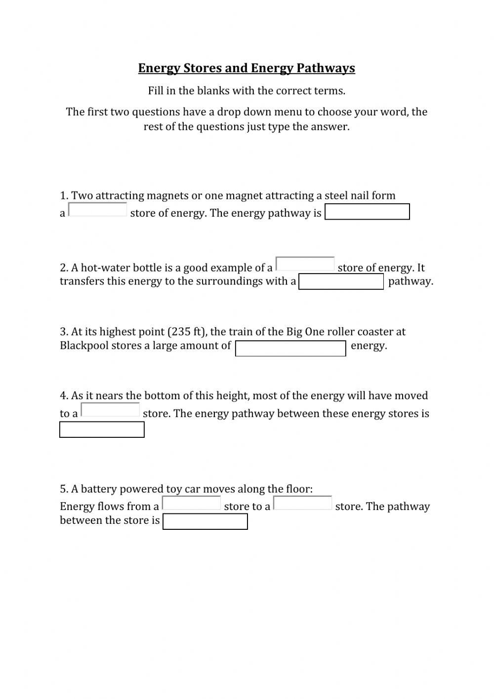 Energy stores a… | Free Interactive Worksheets | 356621