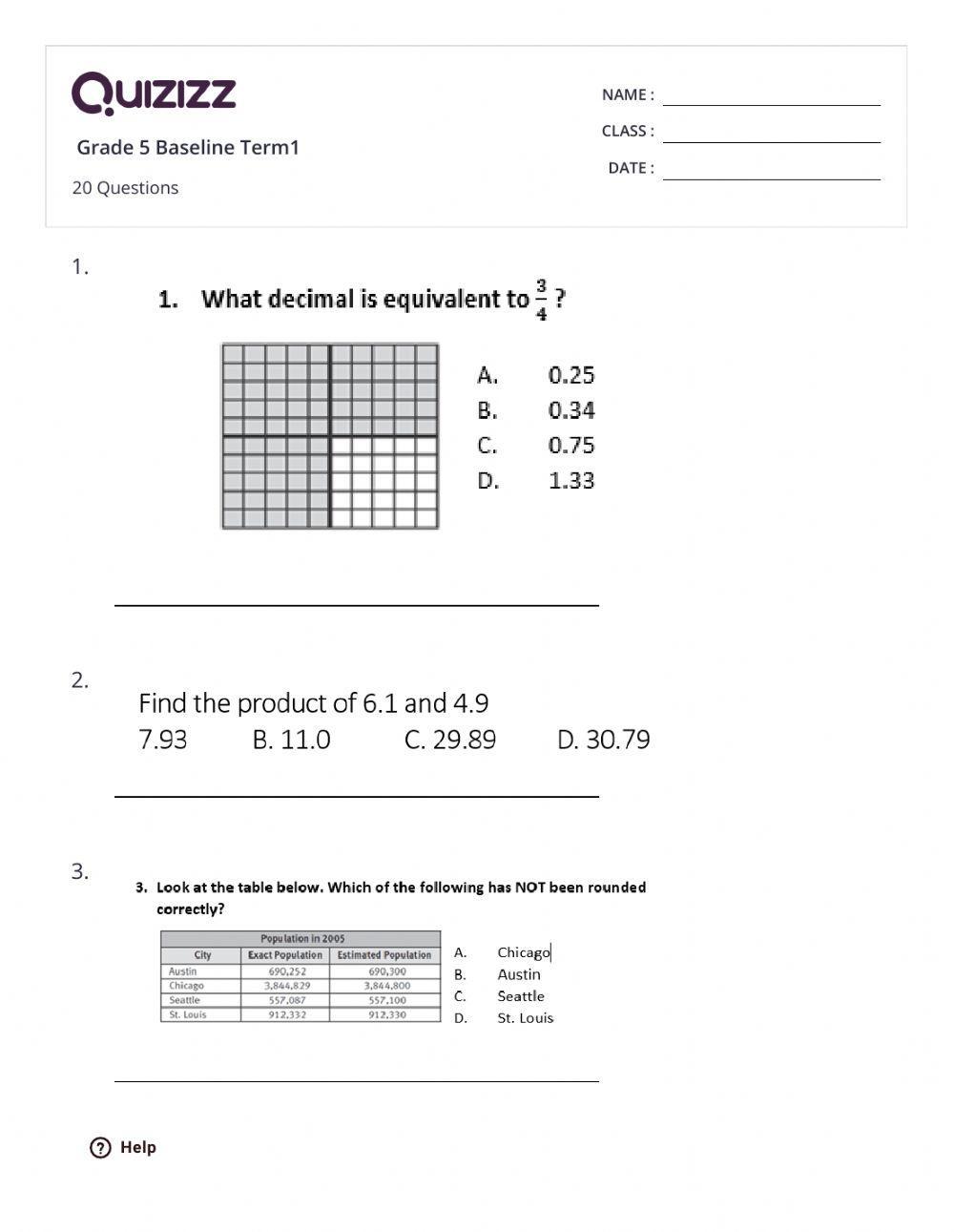 Grade 5 Baseline Test T1 worksheet | Live Worksheets