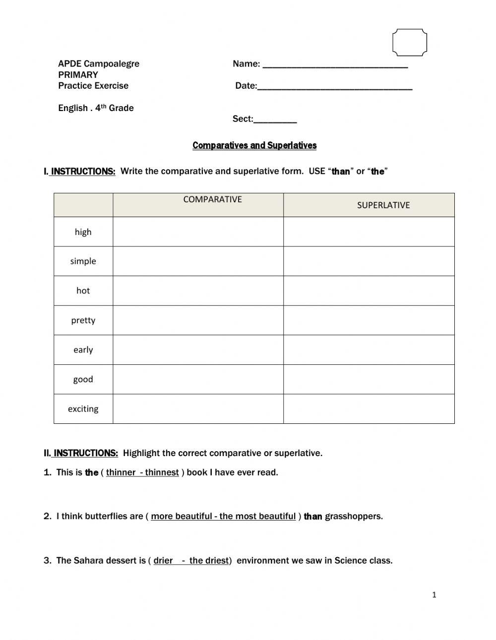 Comparatives and Superlatives exercise for Grade 4 | Live Worksheets