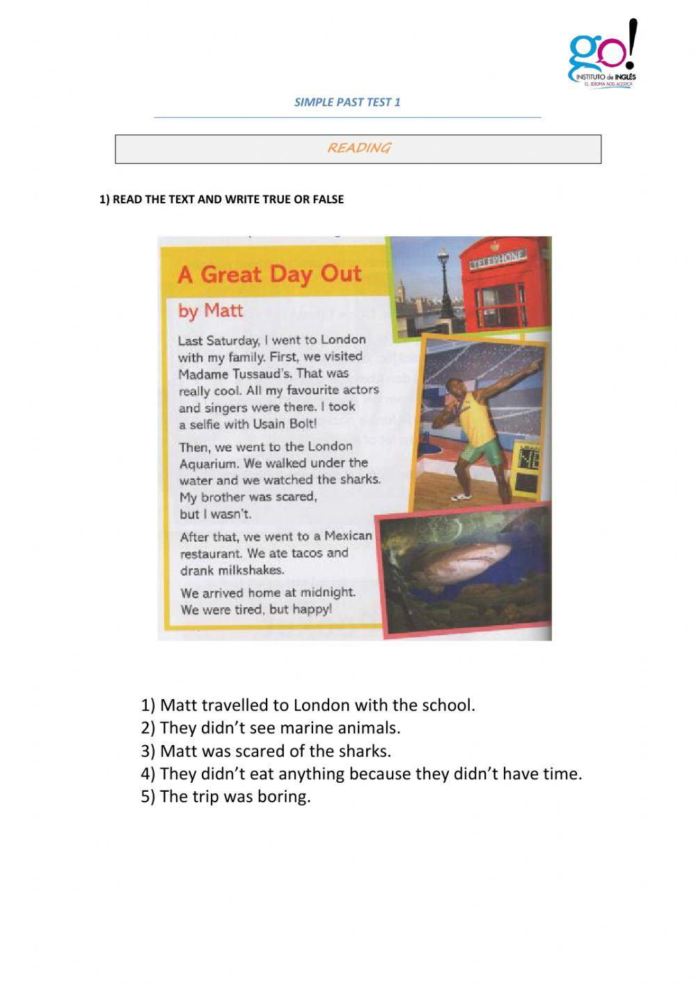 Simple Past Test 1 Reading 6009981 | GabrielaR82 | Live