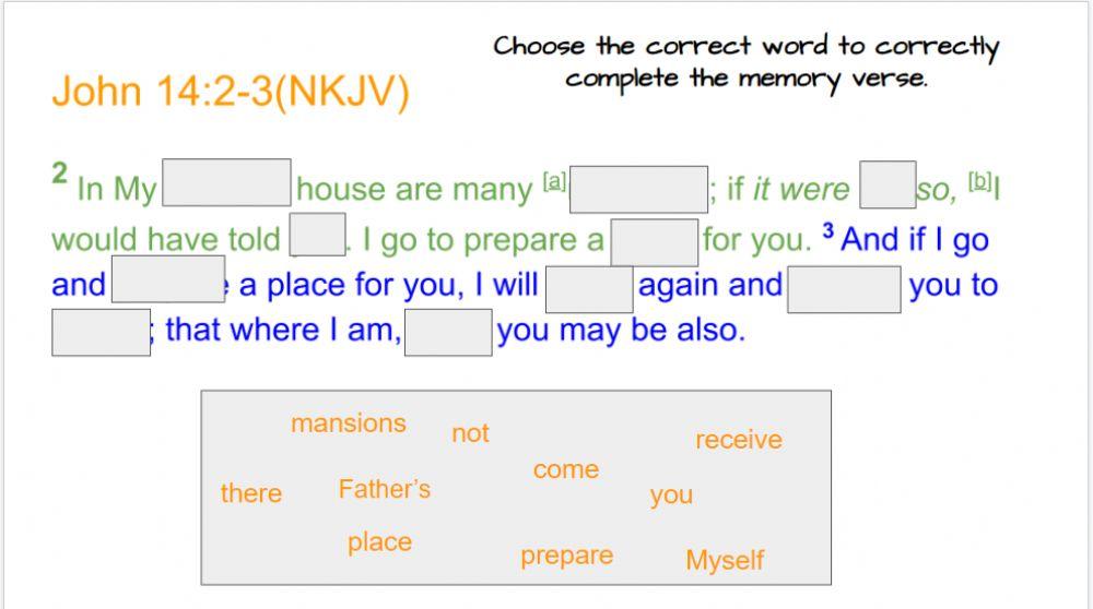 John 14:2-3 Memory Verse worksheet | Live Worksheets