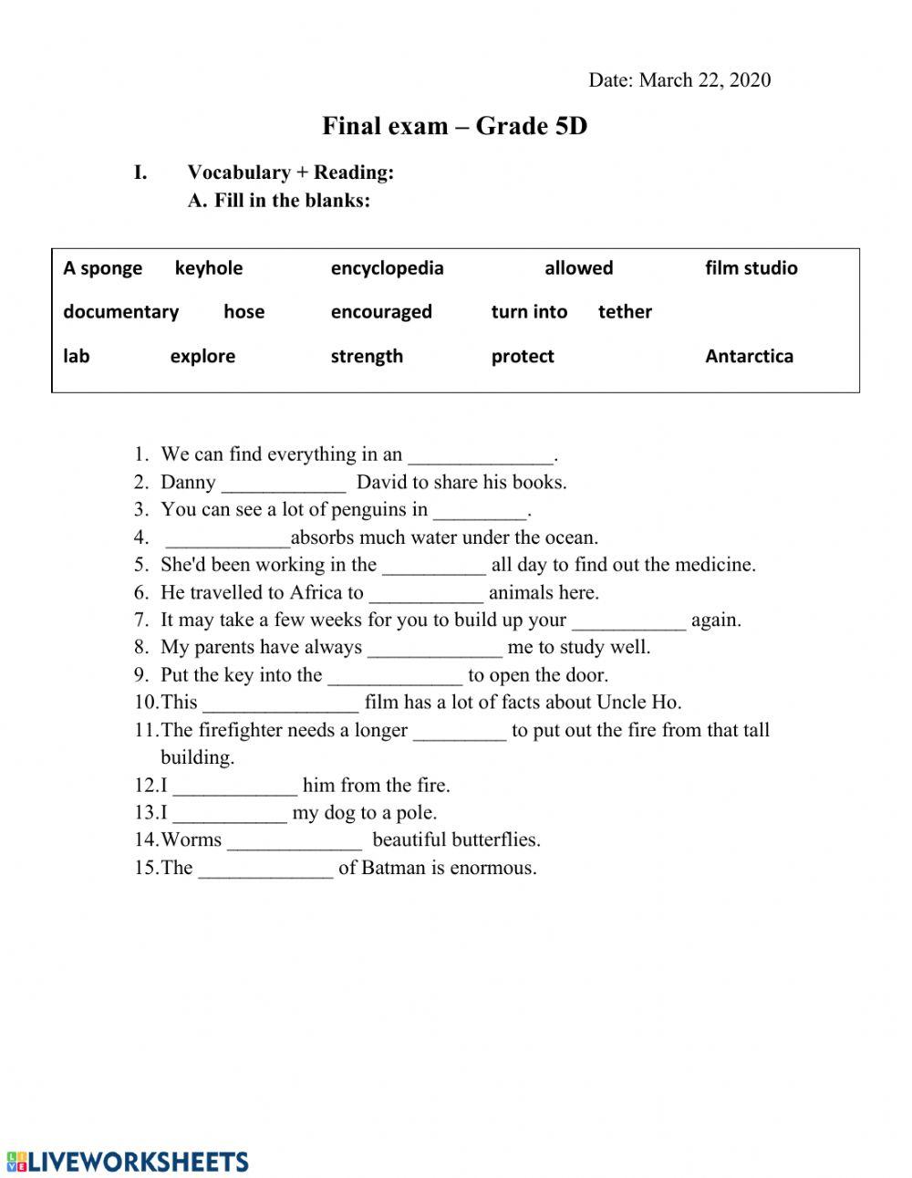 Nguyen Thuy Trang | Grade 5 exam 358798 | LiveWorksheets