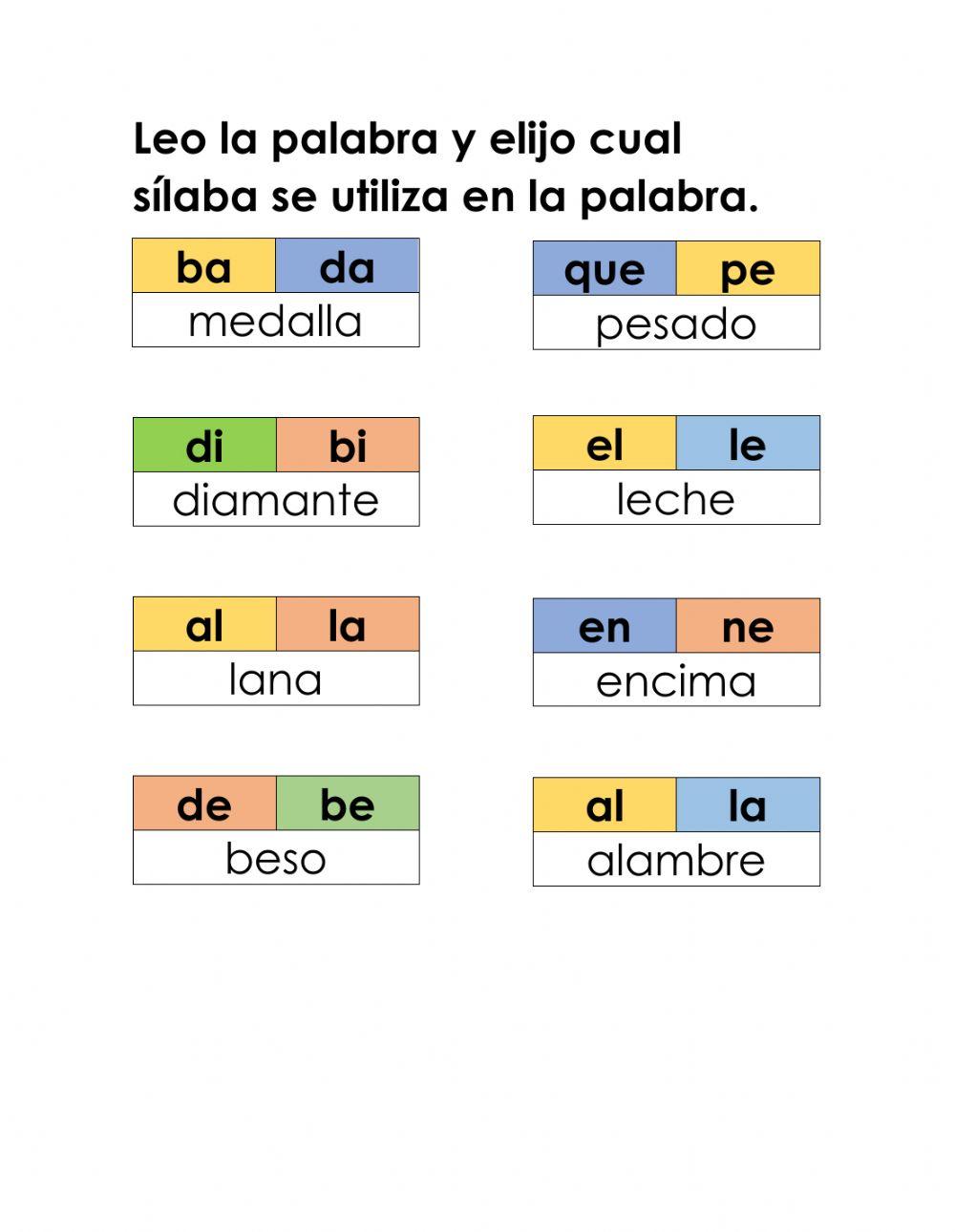 Silaba correcta interactive worksheet | Live Worksheets