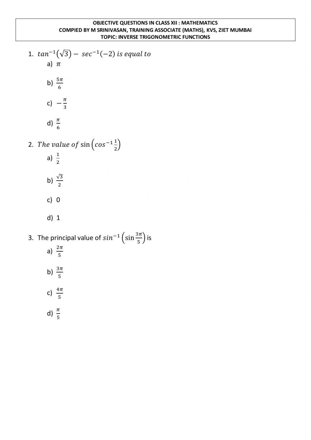 Inverse Trig Functions Worksheet Live Worksheets