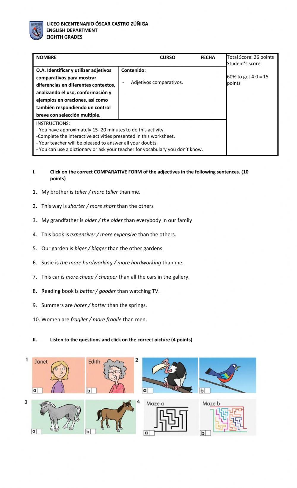 Comparative adjectives Quiz 358948 | Margarita Gallardo