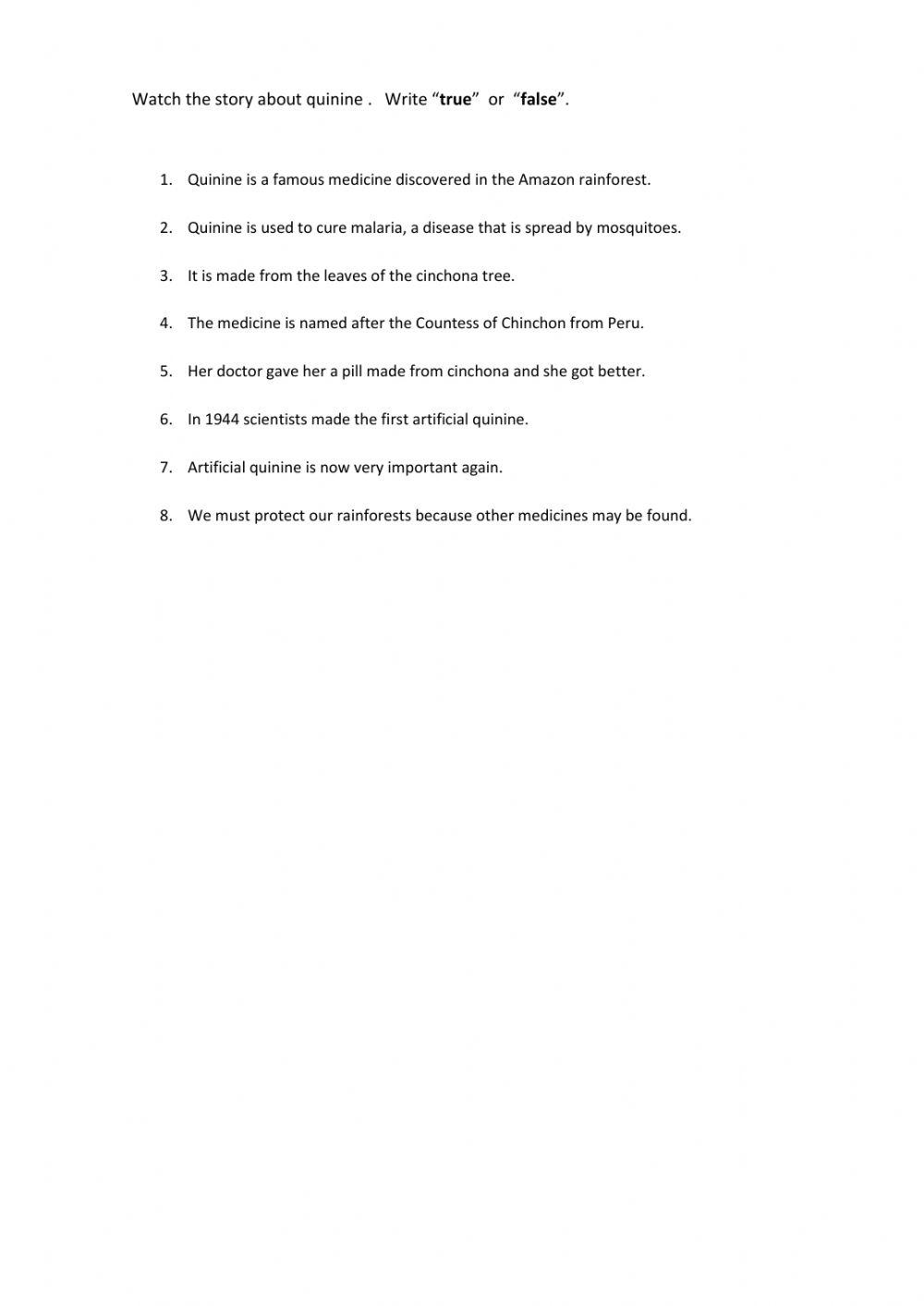 Quinine story.True- false task worksheet | Live Worksheets