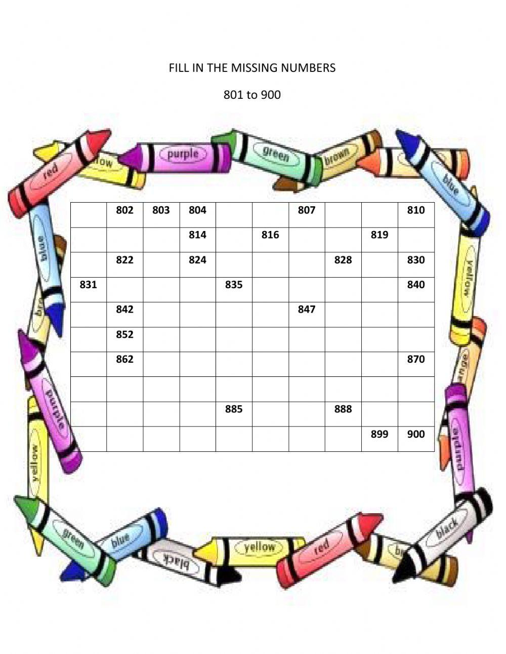 Fill in the Missing Numbers 801 to 900 worksheet | Live Worksheets