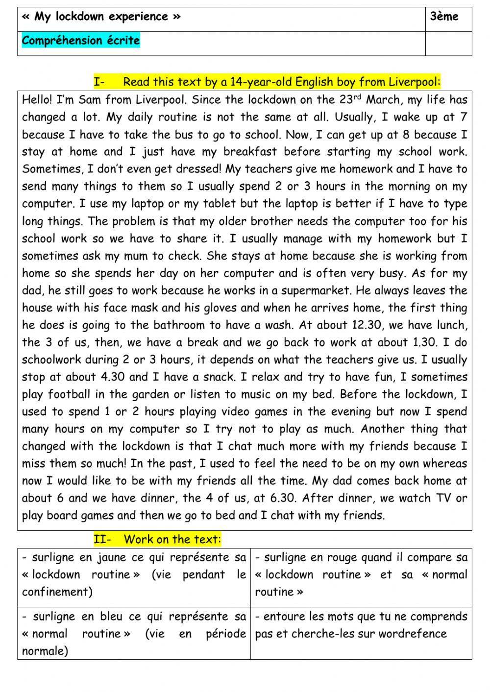 My lockdown experience worksheet | Live Worksheets