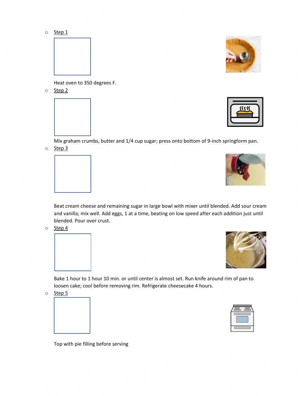 Cheesecake recipe sequence worksheet | Live Worksheets