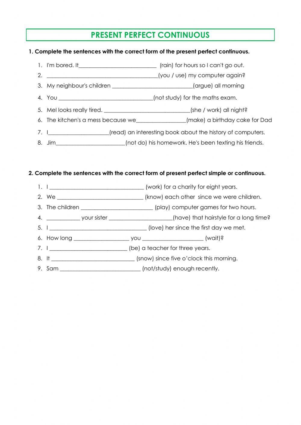 Present perfect continuous English as a Second Language (ESL) worksheet ...
