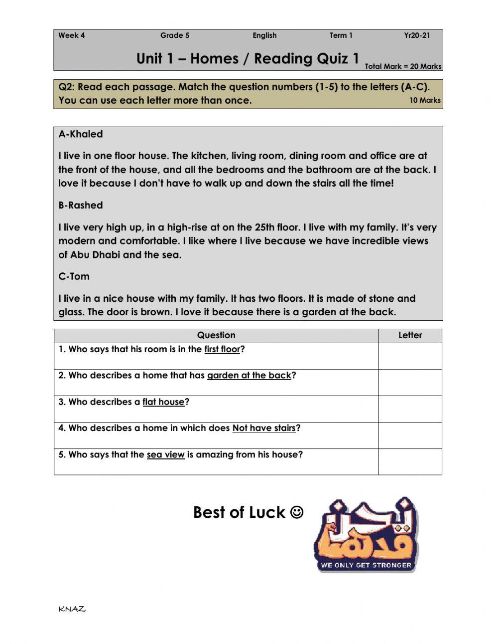 Week 4 Reading Quiz worksheet | Live Worksheets