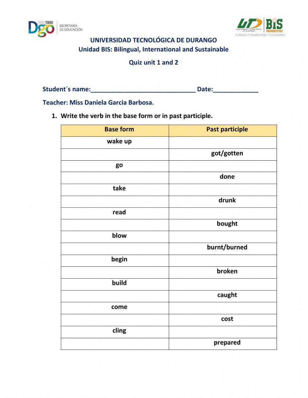 QUIZ VERBS worksheet | Live Worksheets