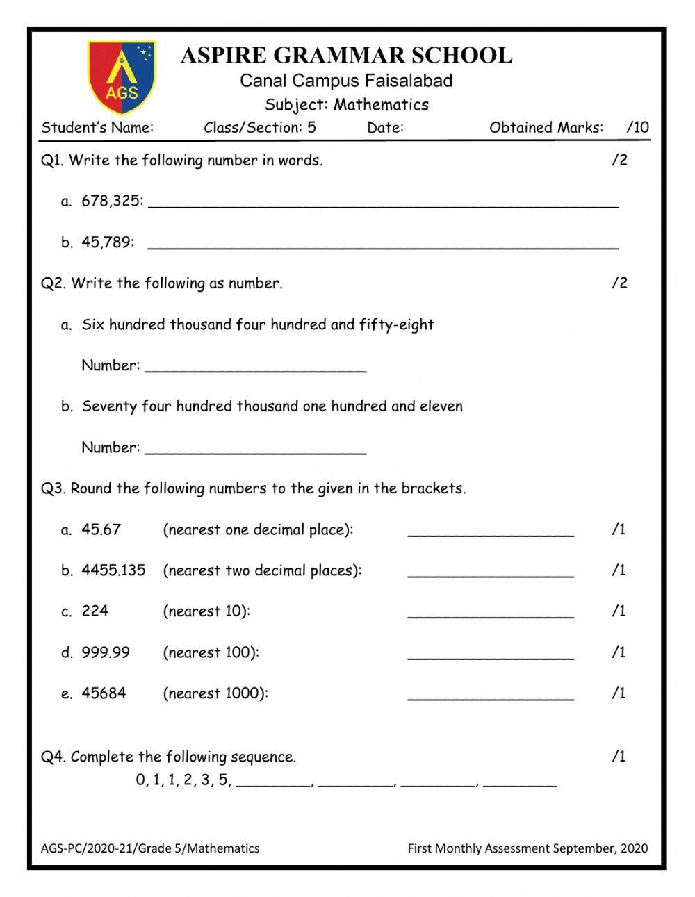 Math online exercise for 5 | Live Worksheets