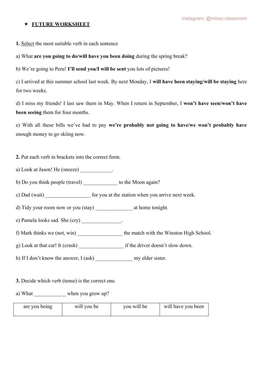 Future tenses (worksheet) worksheet | Live Worksheets