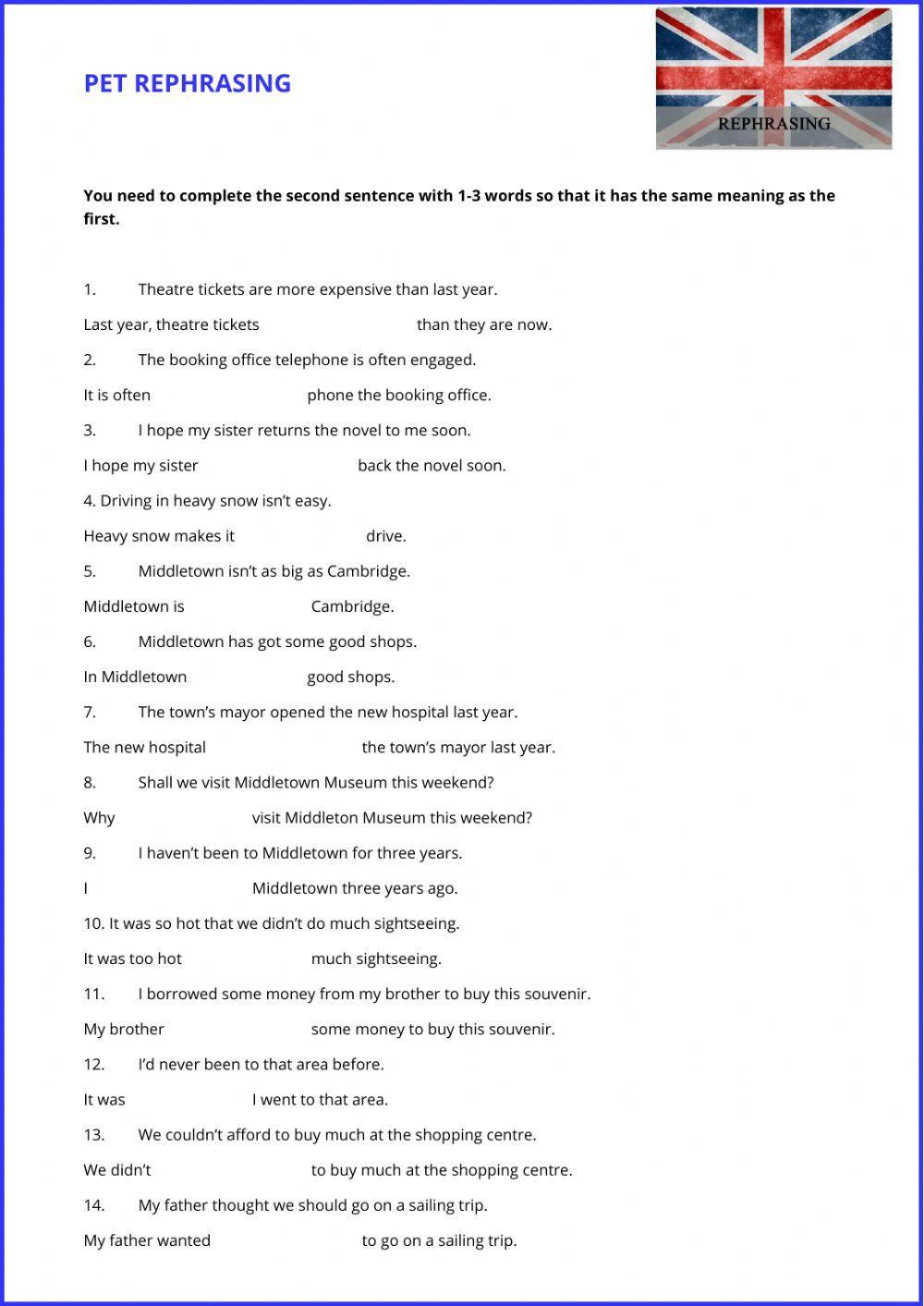 Pet b1 rephrasi… | Free Interactive Worksheets | 367054