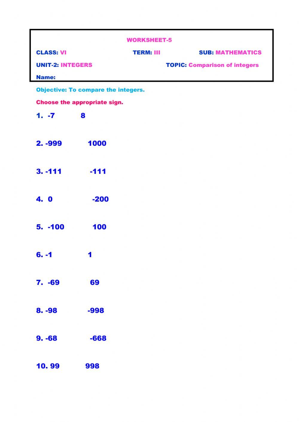 Integers activity for 6 | Live Worksheets