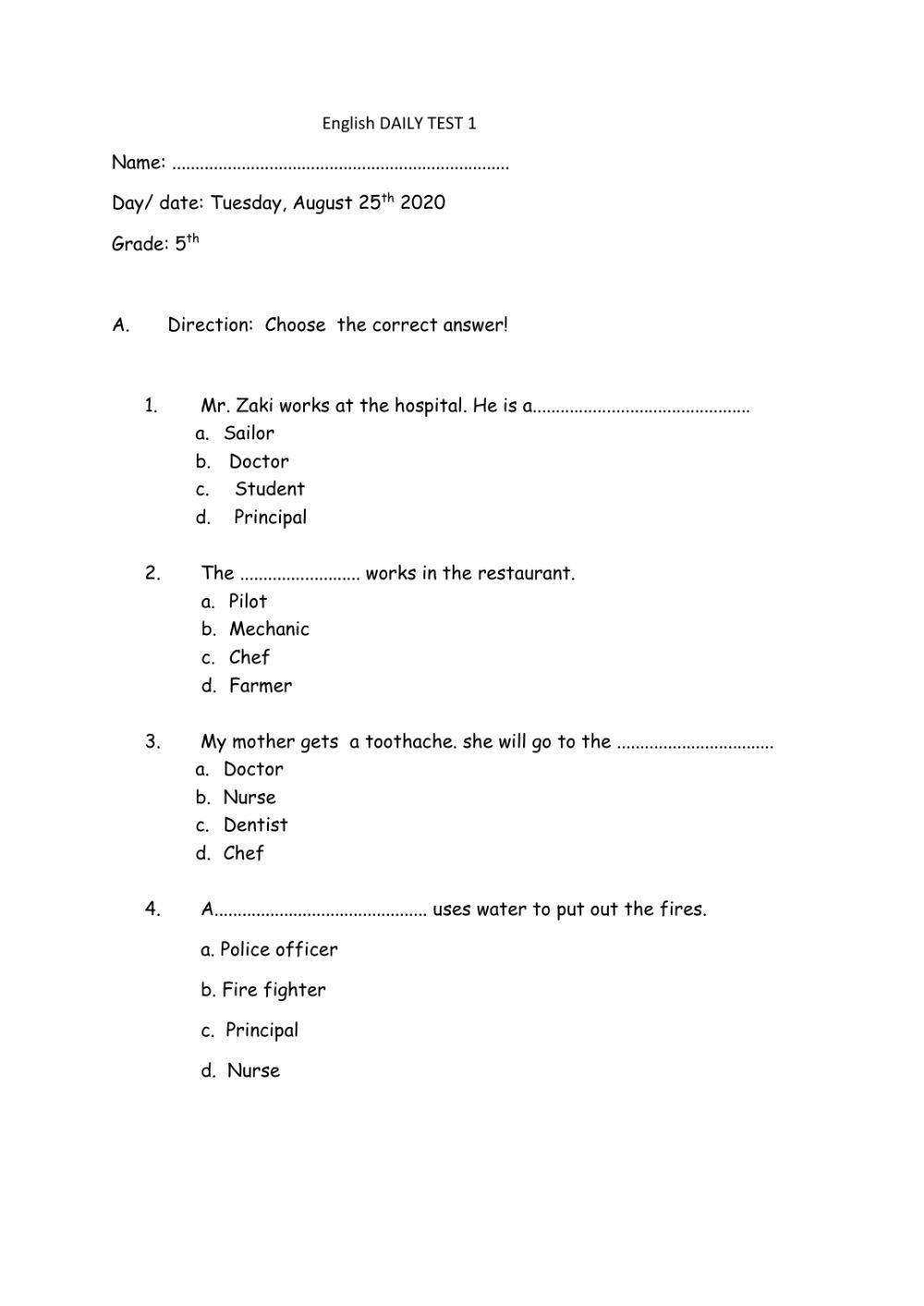 English test online exercise for 5 | Live Worksheets