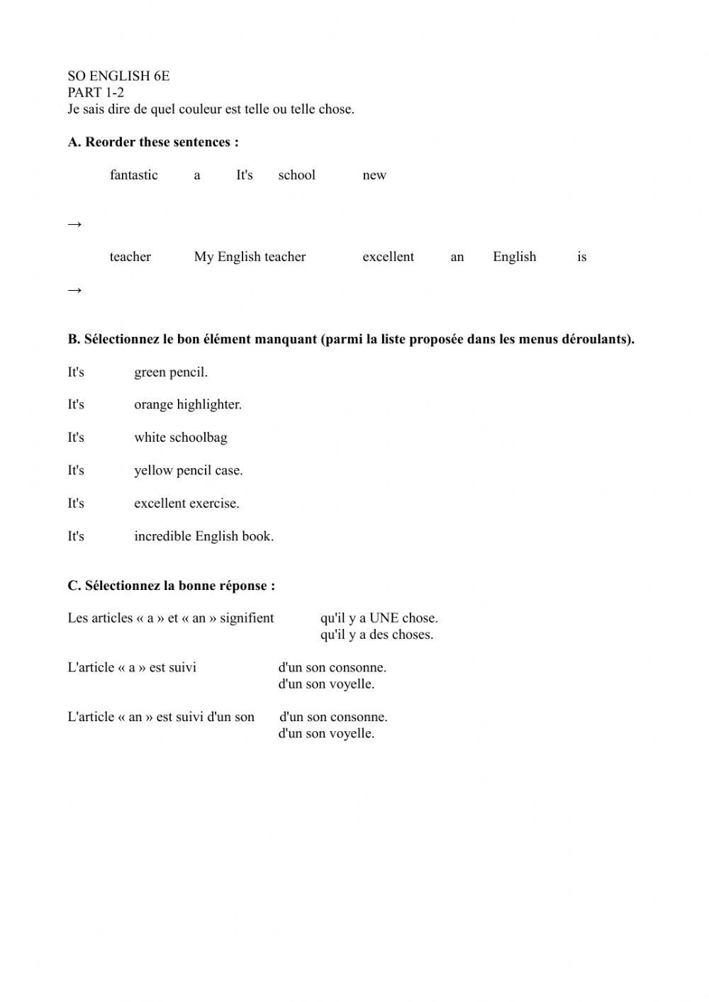 so english 6e part1-2 worksheet | Live Worksheets