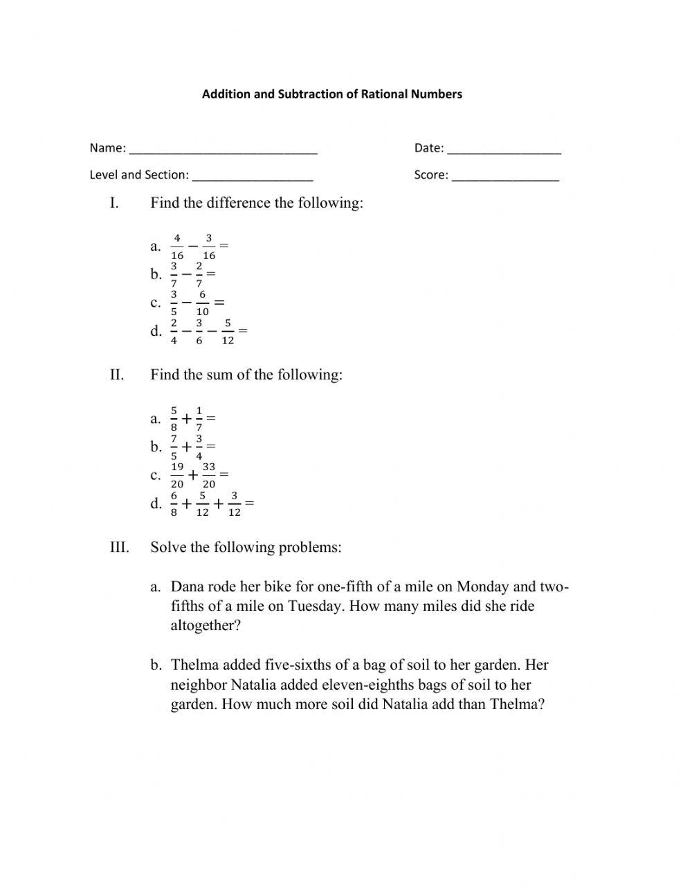 Addition And Subtraction Of Rational Number Online Exercise For | Live 