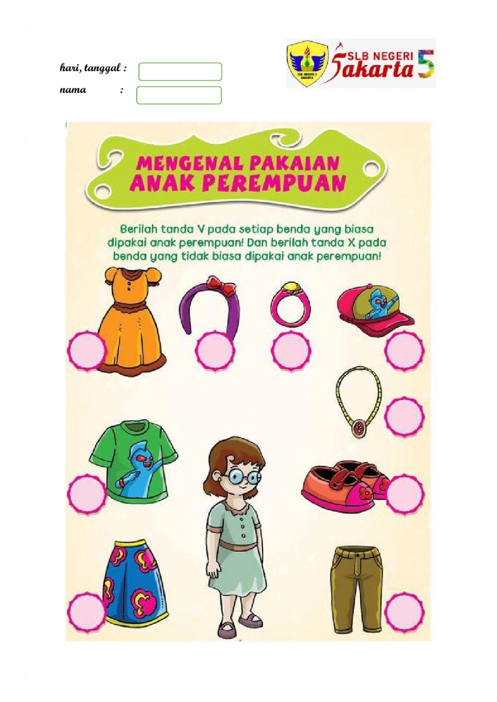 Mengenal pakaian anak perempuan worksheet | Live Worksheets