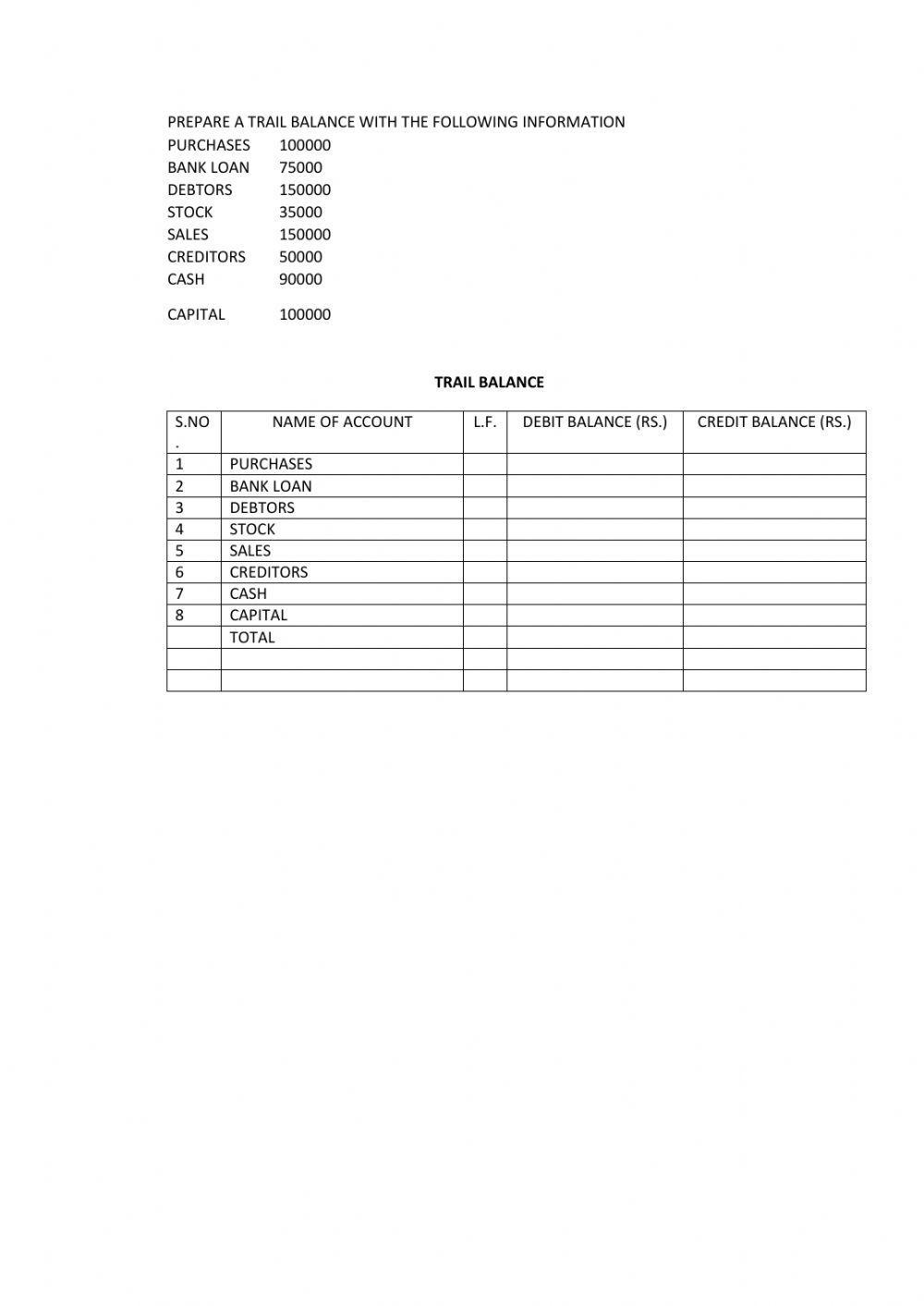 Trail balance | Free Interactive Worksheets | 371469